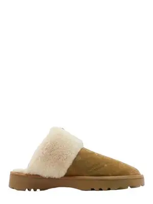 Burberry Shearling Trimmed Check Suede Slippers - Brown