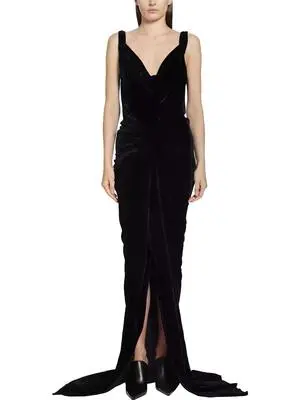 Rick Owens Velvet Draped Maxi Dress With Train - Black