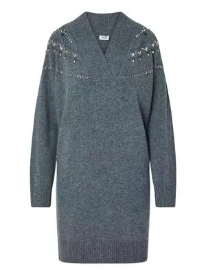 Liu Jo Embellished V-neck Knit Dress In Pure Wool - Grey