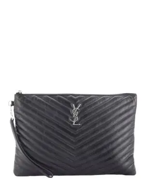 Saint Laurent Matelassé Chevron Leather Wristlet Pouch - Black