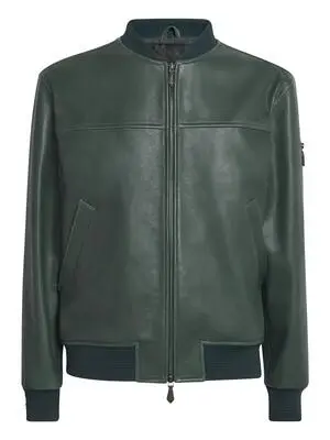 Isaia Lambskin Varsity Bomber Jacket - Green