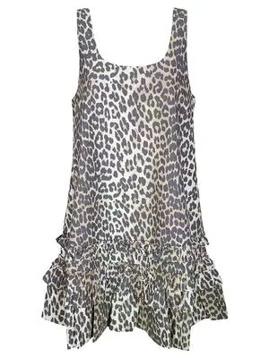 GANNI Leopard-print Ruffled Mini Dress - Neutrals