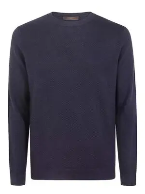 ZANONE Round Neck Waffle Knit Sweater - Blue