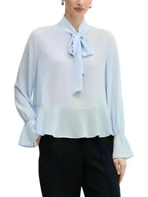 OUI Bow Detail Peplum Hem Blouse - Blue