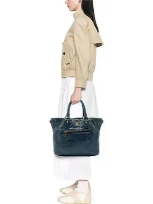Prada Vitello Shine Front Pocket Convertible Tote Satchel - Blue