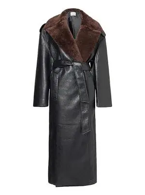 THE FRANKIE SHOP Faux Leather Trench Coat With Shearling Trim - Black