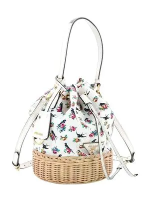 PRADA Prada Drawstring Printed Canvas And Wicker Small Bucket Bag