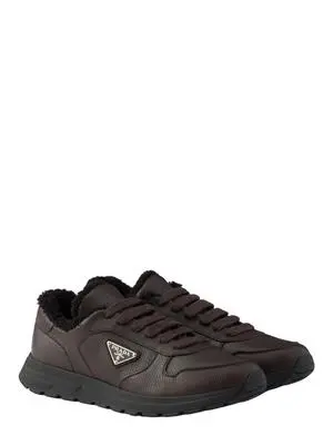 Prada Shearling Lined Leather Trainers - Coffee
