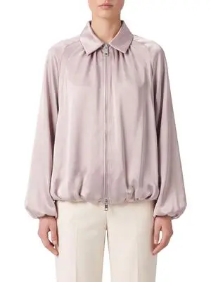 Liviana Conti Cropped Draped Satin Bomber Jacket With Balloon Sleeves - Coffee