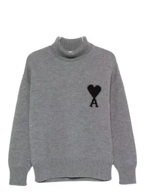 AMI Paris De Coeur Monogram Roll Neck Sweater - Grey
