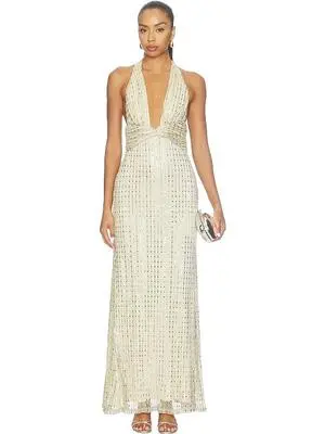 RUNAWAY THE LABEL Embellished Halterneck Maxi Dress - Neutral