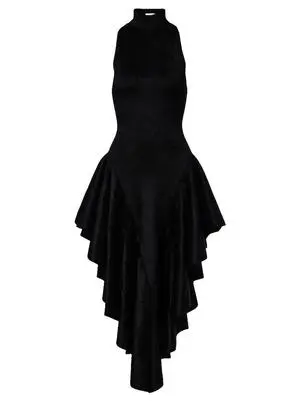 Alaïa Asymmetric Ruffled Velvet Midi Dress - Black