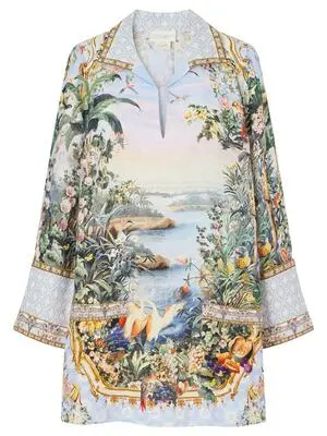 Camilla Sisi Society Crystal-embellished Printed Linen Mini Dress - Multi