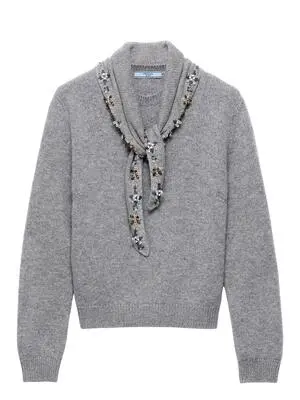 Prada Cashmere Embellished Scarf-detail Sweater - Grey