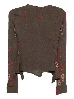 MARC LE BIHAN Floral-embroidered Raw-edge Top - Brown
