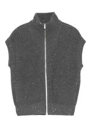 Peserico Sequin-embellished Ribbed Sleeveless Cardigan - Grey