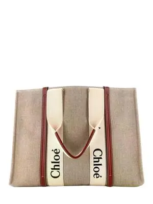 Chloé Woody Canvas With Leather Large Tote Bag Neutrals