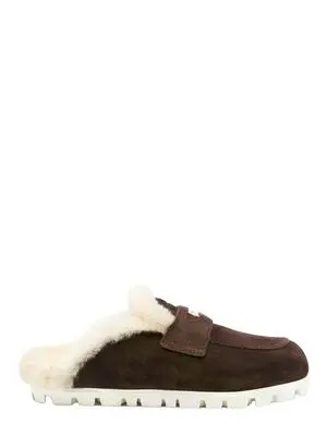 Miu Miu Shearling-lined Suede Flat Mules Brown
