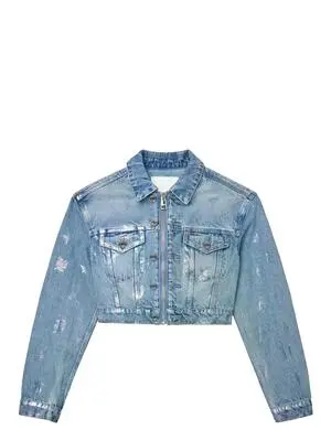 PURPLE BRAND Monogram-print Cropped Denim Jacket - Blue