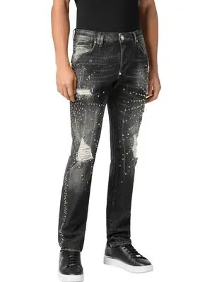 Philipp Plein Skinny Fit Distressed Stretch Denim Jeans With Studs - Grey