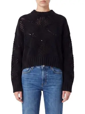 Liu Jo Cropped Open-knit Wool Blend Sweater With Dropped Shoulders - Black