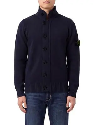 Stone Island Virgin Wool Blend High Neck Cardigan With Logo Patch - Blue