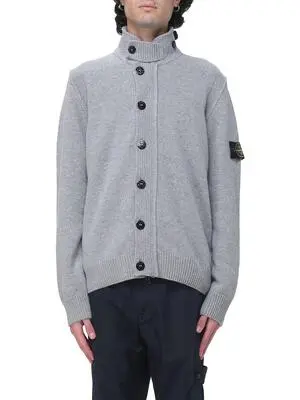 Stone Island Virgin Wool Blend High Neck Cardigan With Logo Patch Grey