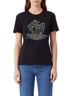Liu Jo Slim Cotton T-shirt With Embroidery And Rhinestone Applications Black