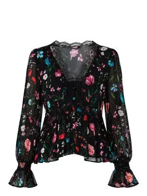 ROSE & NANCY Juliette Floral Lace Trim Blouse - Black