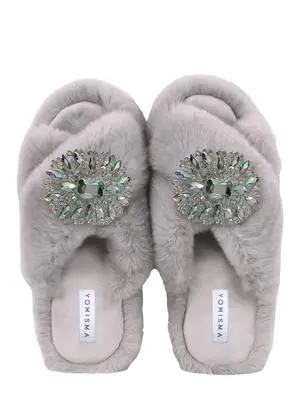 YOMISMA Eco Faux Fur Slippers – Recycled Faux Fur + Removable Iridescent Brooch - Grey