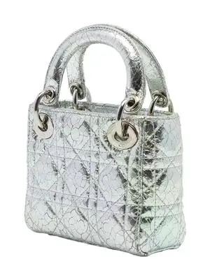 Dior 2017 Micro Metallic Crinkled Calfskin Cannage Lady Satchel - Silver