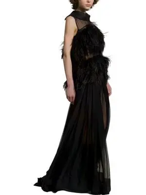 Alberta Ferretti Feather-embellished Silk Maxi Dress - Black