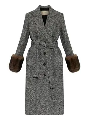 Valentino Garavani Herringbone-pattern Faux-fur-trim Coat - Grey