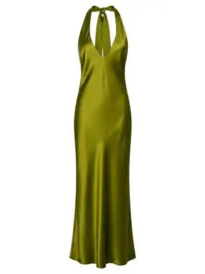 LILY ROU Olive Plunge Neck Maxi Silk Slip Dress - Green
