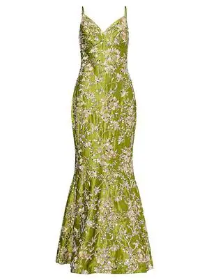 NADINE MERABI Gia V-neck Embroidered Maxi Dress - Green