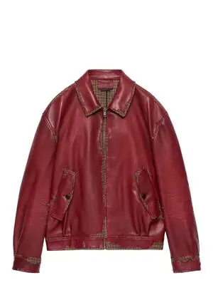 Prada Bonded Nappa Leather And Houndstooth Check Fabric Jacket Ruby Red