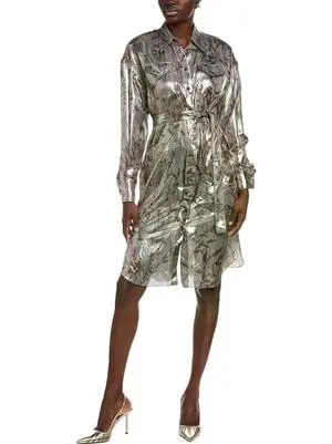 Brunello Cucinelli Botanical-print Belted Shirt Dress - Silver