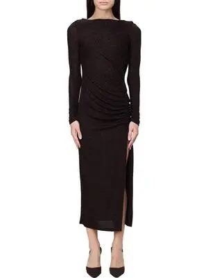 HANITA Draped Lurex Jersey Midi Sheath Dress With Side Slit - Brown