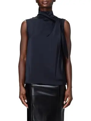 HANITA Sleeveless Satin Blouse With Draped Pussy-bow Collar - Black