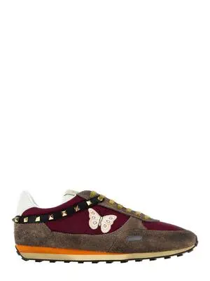 Valentino Garavani Stud Up Suede And Nylon Sneakers With Butterfly Embroidery Sand