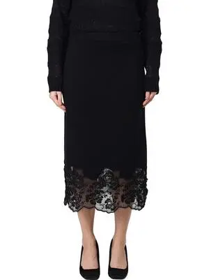 Fabiana Filippi Long Knit Pencil Skirt In Wool And Silk With Lace Inserts - Black