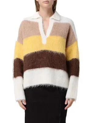 Pinko Striped Wool-blend Knit Polo With Long Sleeves And V-neck - Beige