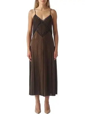TWINSET Pleated Satin Midi Slip Dress With Lace Inserts
