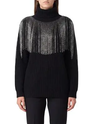 Pinko Wool Blend Turtleneck Sweater With Dropped Shoulders And Fringes - Black