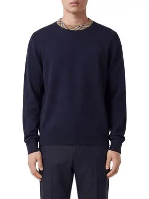 Burberry Crewneck Wool Sweater With Contrast Trim And Ribbed Hems - Blue