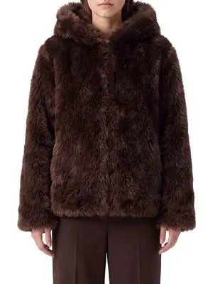 PAROSH Hooded Short Faux Fur Jacket P.a.r.o.s.h. With Concealed Closure - Brown