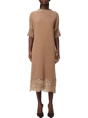 Fabiana Filippi Lace-insert Wool And Cashmere Midi Dress - Camel