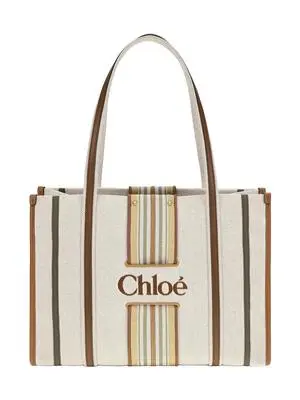 Chloé Woody Loop Tote Bag In Multi Striped Canvas With Embroidered Logo - Brown