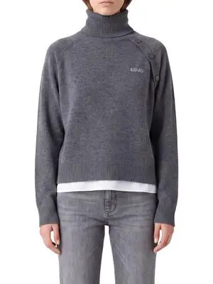 Liu Jo Wool And Cotton Turtleneck With Shoulder Buttons And Contrast Logo Grey