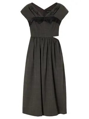Simone Rocha Embellished Gathered Prince Of Wales Wool-blend Midi Dress - Gray